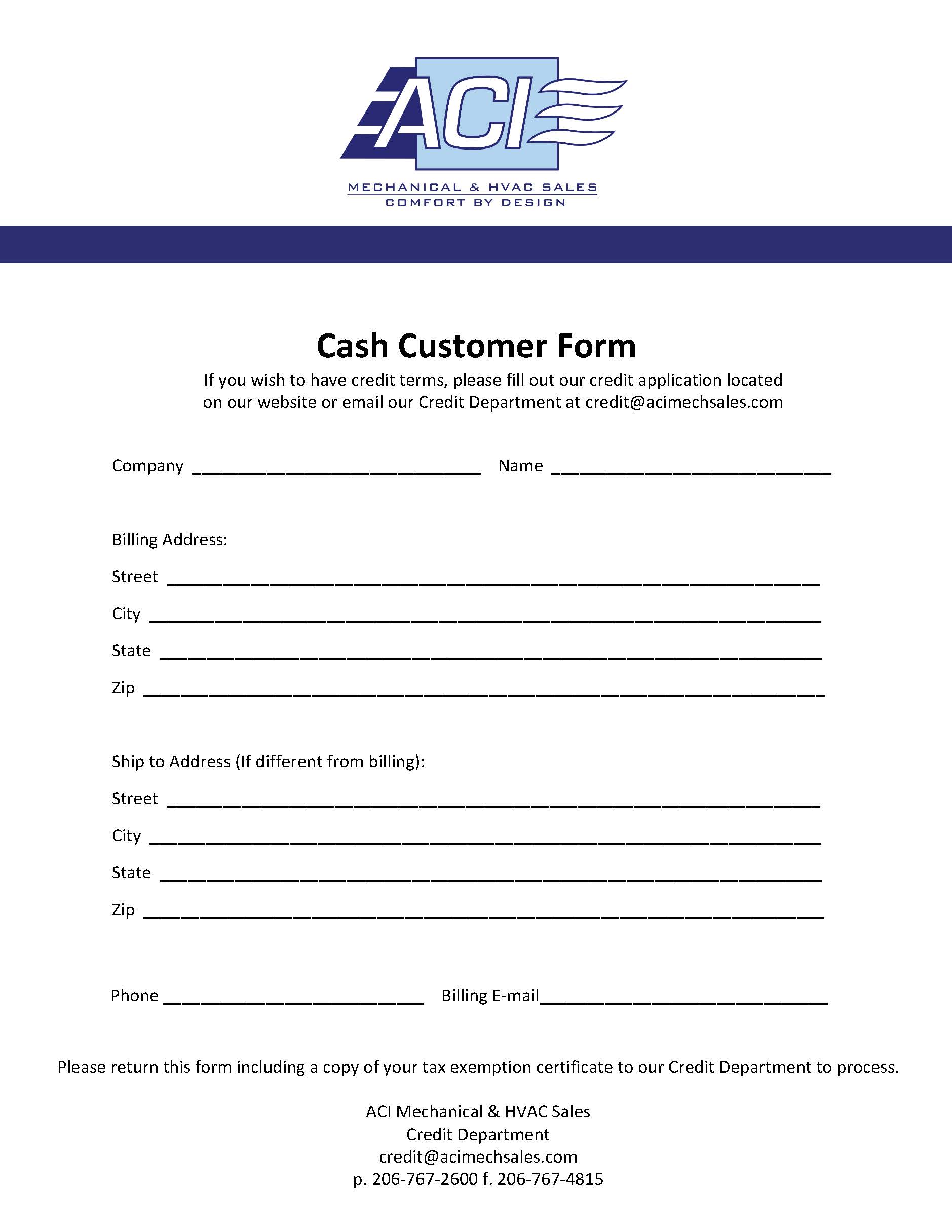 Credit Documents - ACI Mechanical Sales | Seattle, Portland, Spokane