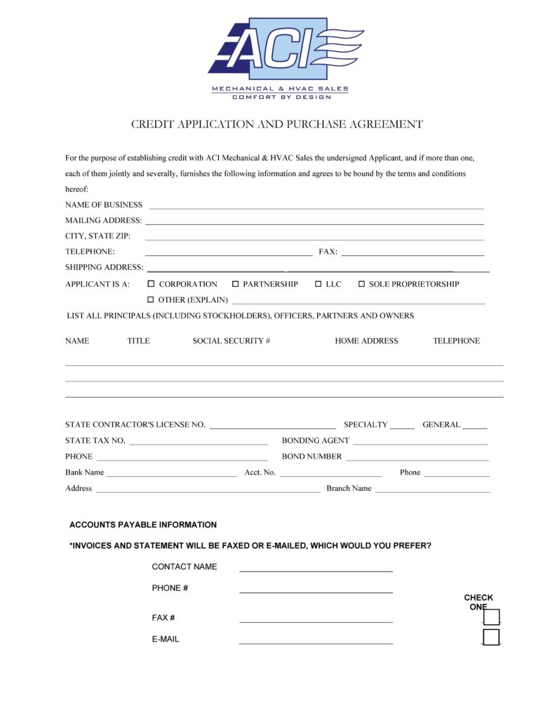 Credit Documents - ACI Mechanical Sales | Seattle, Portland, Spokane